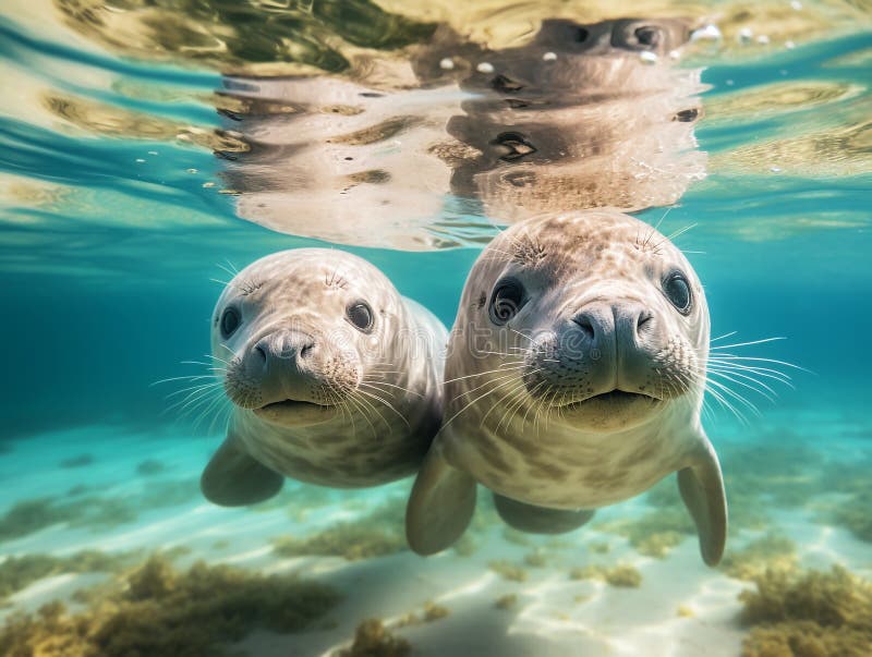 Dos Focas Nadando En Aguas Cristalinas Stock de ilustración ...