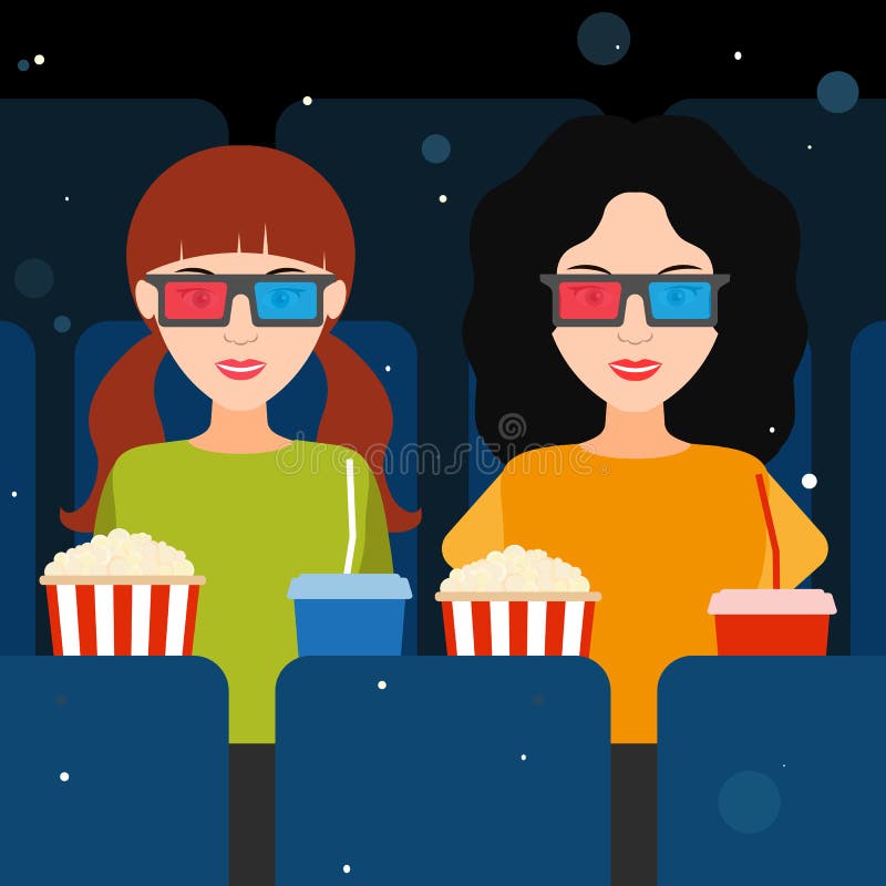 Dos Muchachas En El Cine En Los Vidrios 3D Vector Ilustración del ...