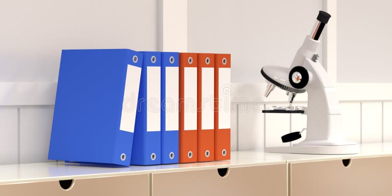 Dossiers Avec Microscope Sur La Table Illustration Stock - Illustration ...