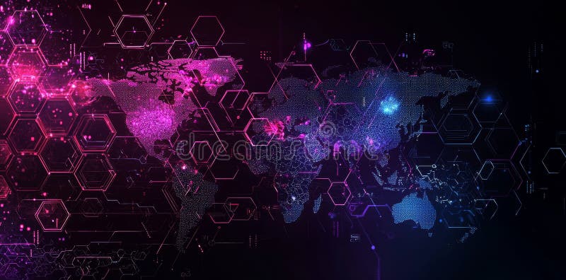 Dot Connecting World Map Purple and Blue Hexagonal Network Pattern ...