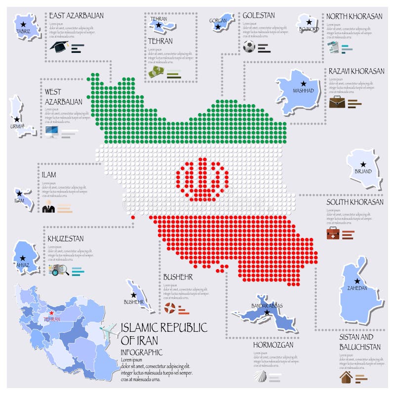 Dot and Flag Map of Islamic Republic of Iran Infographic Design Stock ...