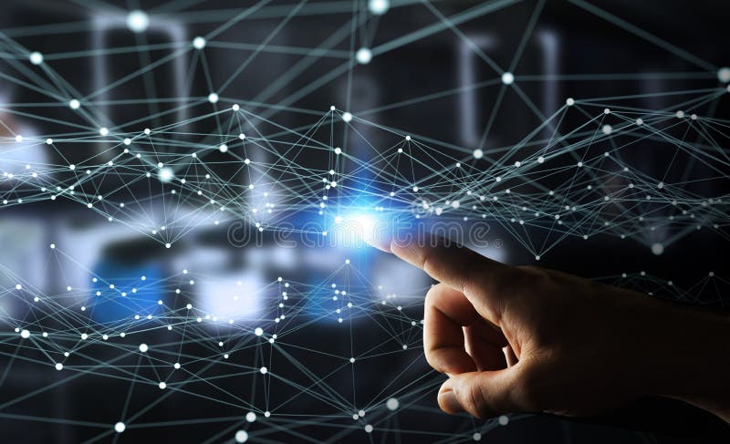Dot Flying Network Touched by Businessman 3D Rendering Stock ...