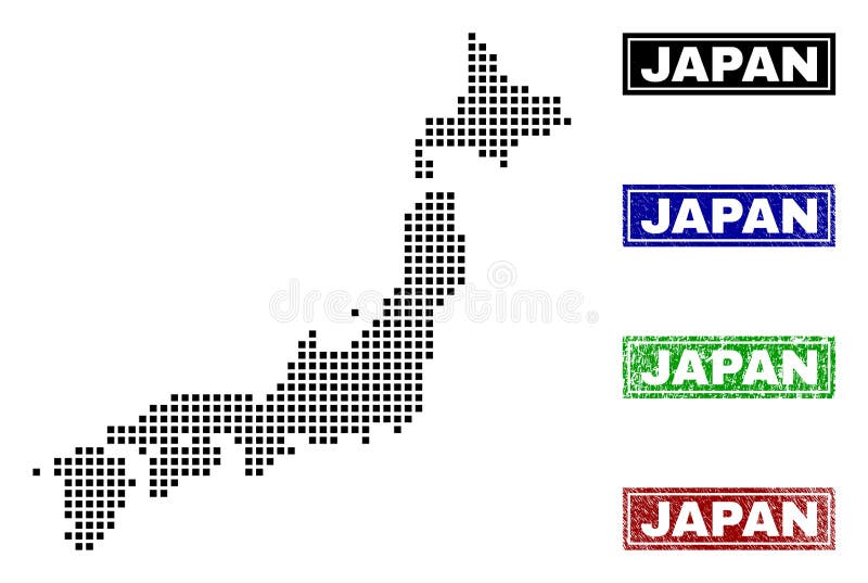 Japan Map in Dot Style with Grunge Caption Stamps Stock Vector ...