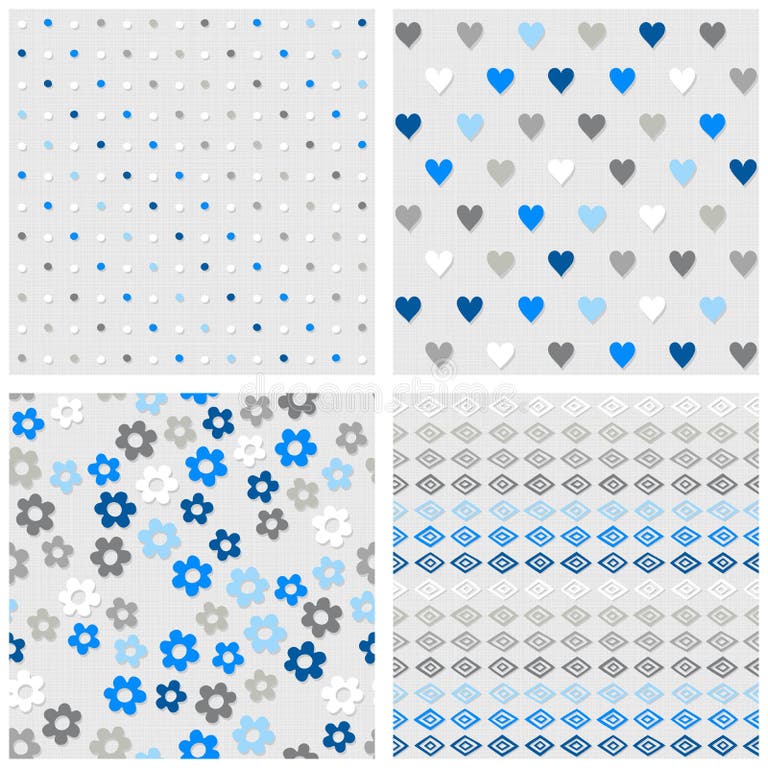 Dots Hearts Flowers and Diamonds Blue Seamless Pattern Set Stock Vector ...