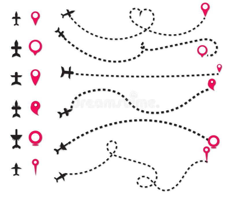 Dotted Airplane Trajectories Cartoon Illustration Set Path or Way of ...