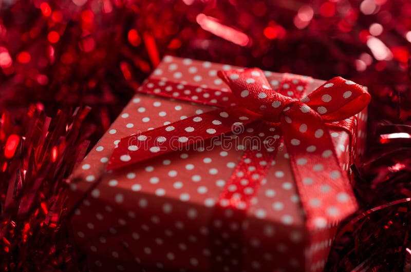 Dotted Christmas Gift Box on Glossy Red Decoration Stock Image - Image ...