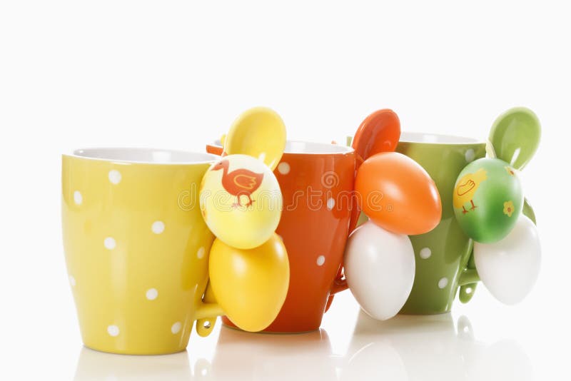 Dotted Cups Decorated with Plastic Spoons and Easter Eggs Stock Photo ...