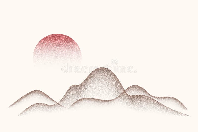 Dotted Grainy Gradient Mountains and Sun. Stipple Vector Effect with ...