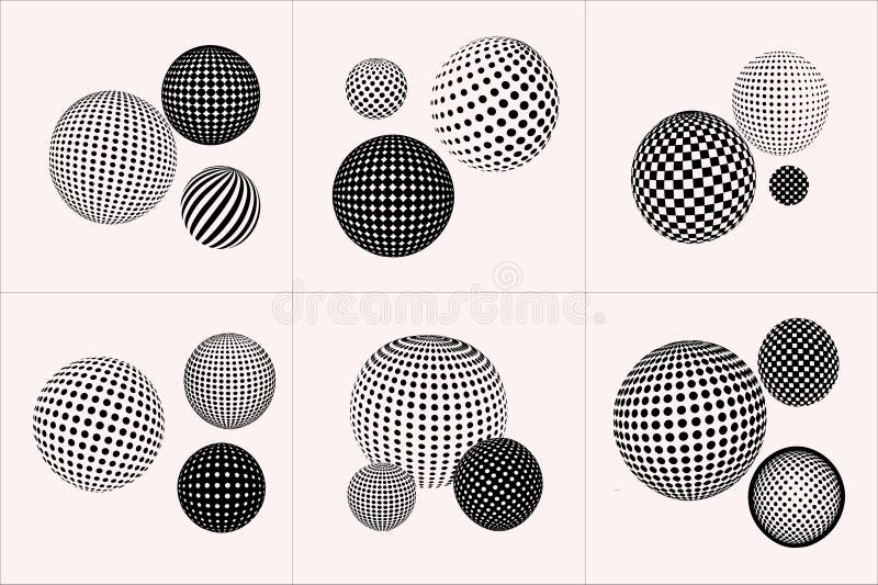 Print Dotted Halftone 3d Sphere Striped and Checkered Vector Stock ...