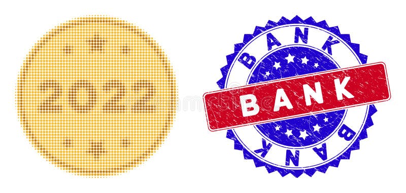 Dotted Halftone 2022 Gold Coin Icon and Bicolor Bank Scratched Seal ... Dotted Halftone 2022 Gold Coin Icon and Bicolor Bank Scratched Seal ...