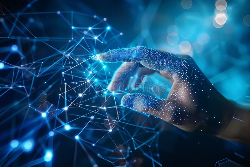 Dotted Hand Touching Blue Glowing Network, Connections, Futuristic ...