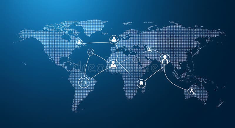 Dotted World Map with Connected People Icons on Blue Gradient ...