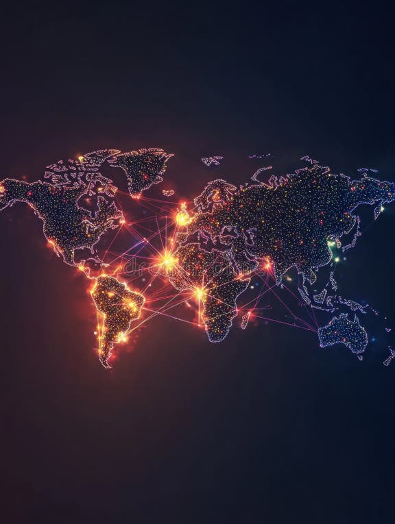 Stylized World Map Showcasing Glowing Connections and Dotted Geography ...
