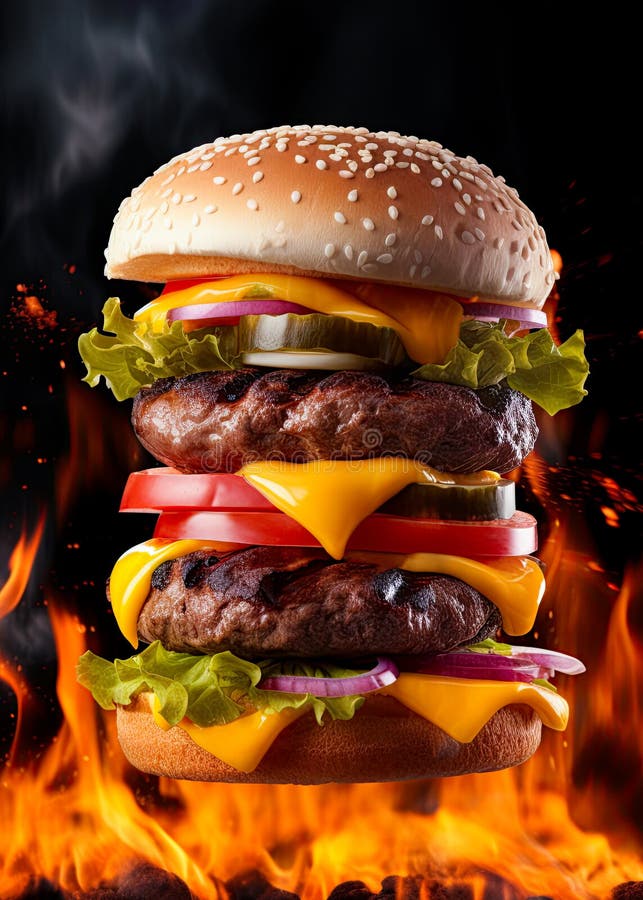 Doubble Burger on Barbecue Grilled Over the Hot Coals and Fire ...