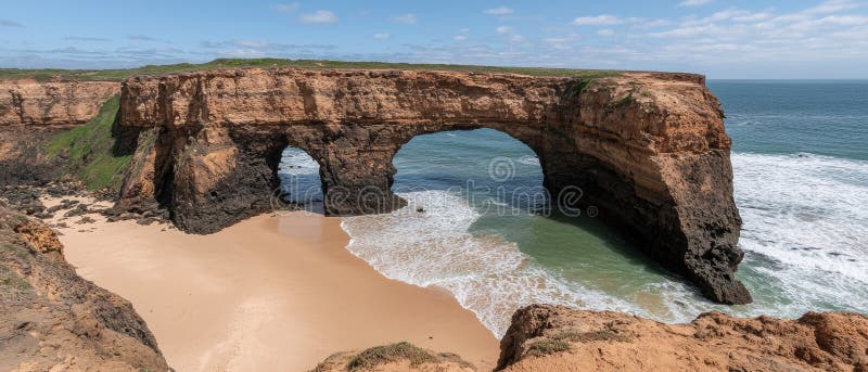 Double Arch Rock Formation on Sandy Beach Stock Illustration ...