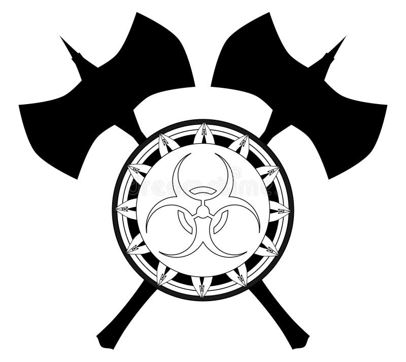 Double Axes with Biohazard Symbol, Black and White Tattoo, Isolated ...