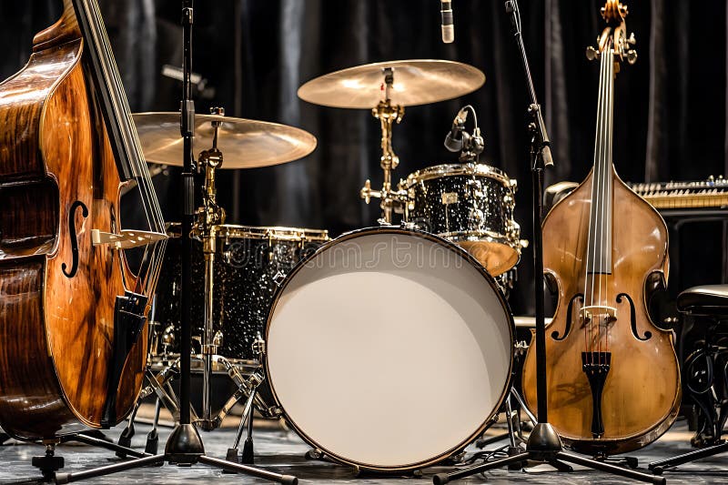 Double Bass Drum Kit and Upright Bass on Stage Musical Instruments ...