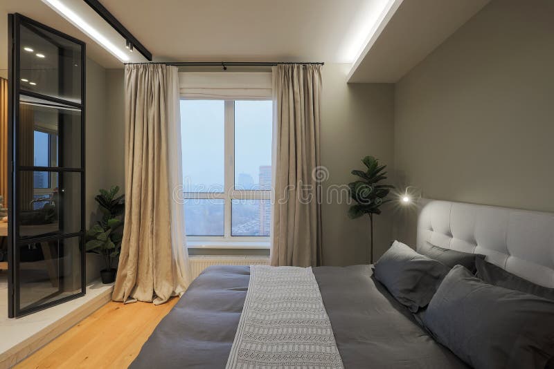 Double Bed in a Modern Bedroom Interior Stock Image - Image of bedroom ...
