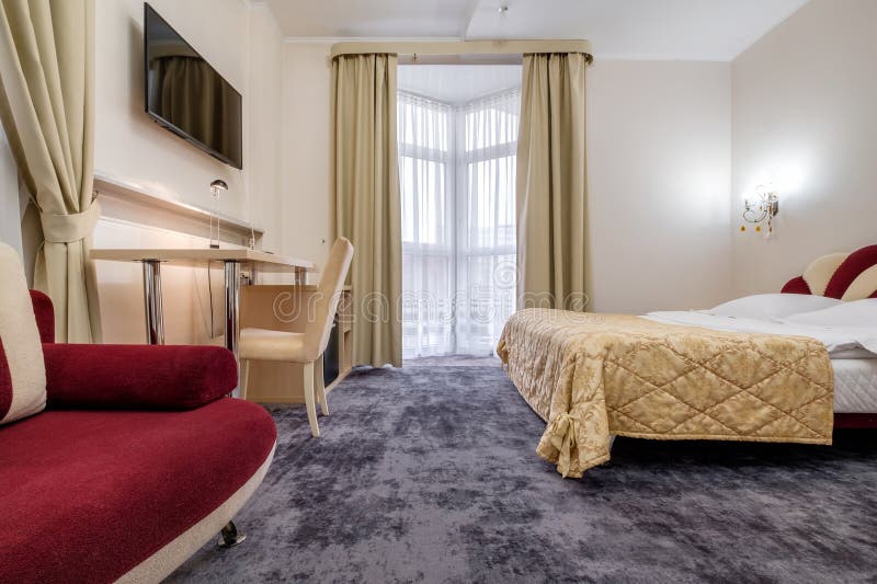 Double Bed with Pillows in Interior with Night Lamp in Hotel Room Stock ...