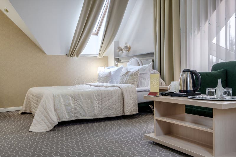 Double Bed with Pillows in Interior with Night Lamp in Hotel Room Stock ...