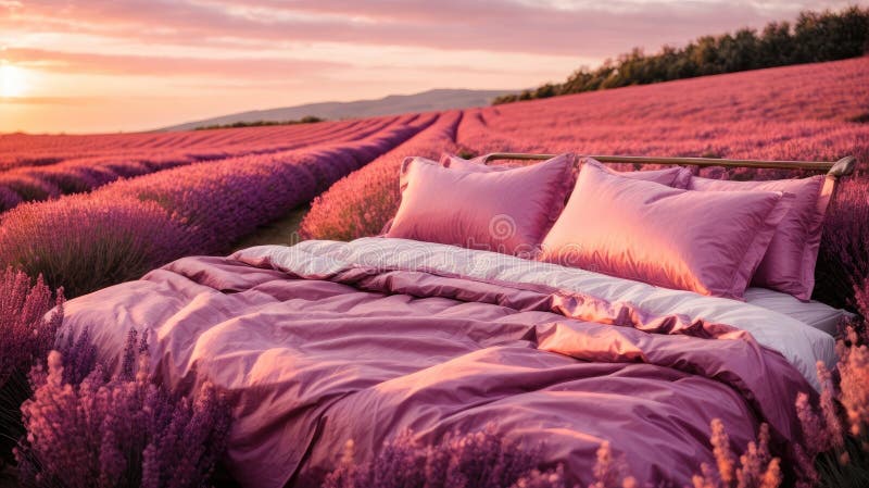 Double Bed with Pink Blankets and Sheets Outdoors in a Purple Lavender ...