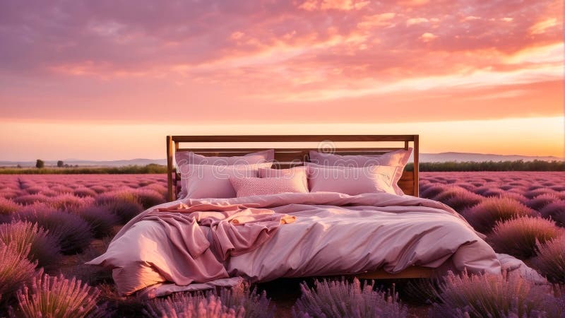 Double Bed with Pink Blankets and Sheets Outdoors in a Purple Lavender ...