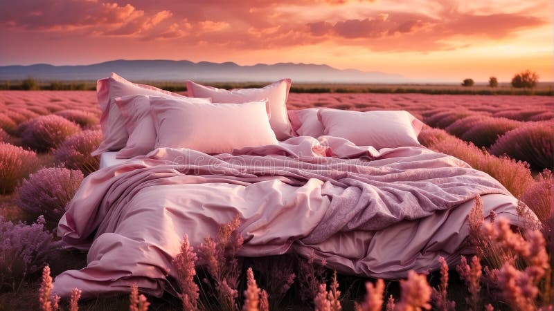 Double Bed with Pink Blankets and Sheets Outdoors in a Purple Lavender ...
