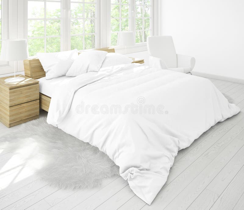 Double Bed with White Bedding in a Bright Room with Many Windows Stock ...