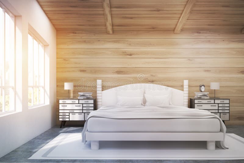 Double Bed in a Wooden Room, Toned Stock Illustration - Illustration of ...
