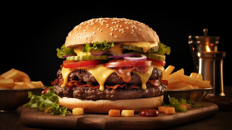 Double Beef and Bacon Burger with Cheddar Cheese and Chips on a Wooden ...