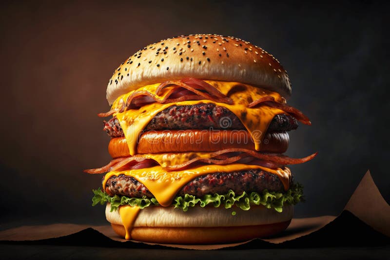 Double Beef Burger with Extra Bun between Layers of Cheese Stock ...