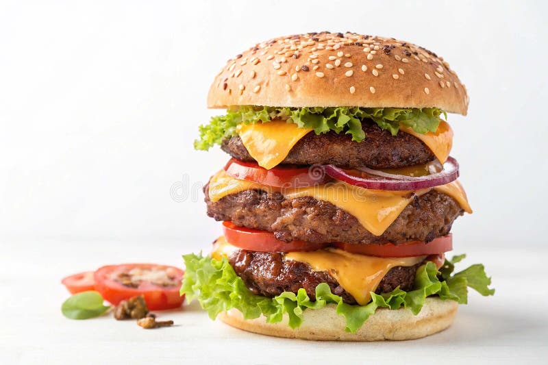 Double Beef Patty Hamburger â€ Juicy Stacked Burger on White Background Stock Illustration ...