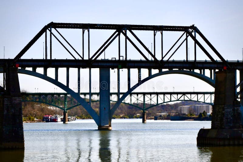 Double Bridge over river stock image. Image of arch - 246273793