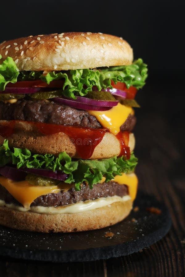 A double burger in low key stock image. Image of dark - 254939773