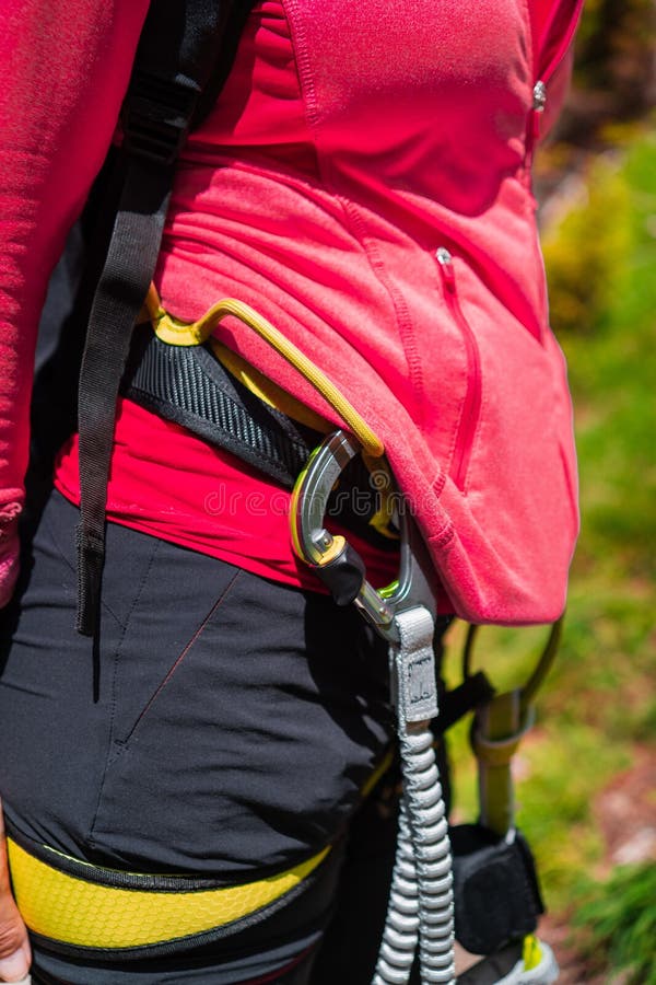 Double Carabiner on a Climbing Belt for Safety Stock Image - Image of ...