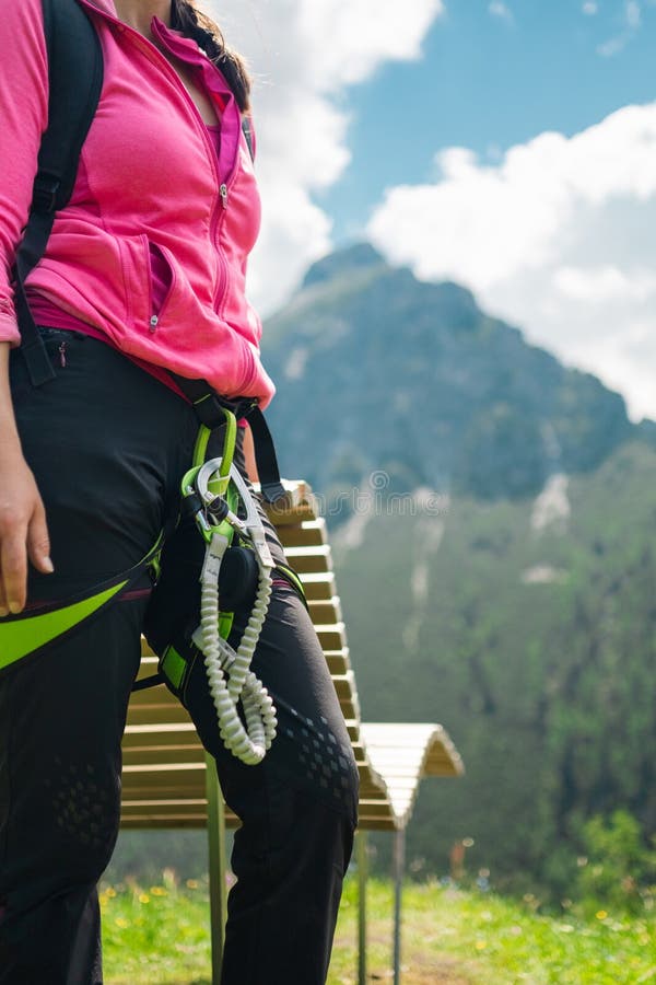 Double Carabiner Equipment Fixed To a Climbers Climbing Belt Stock ...