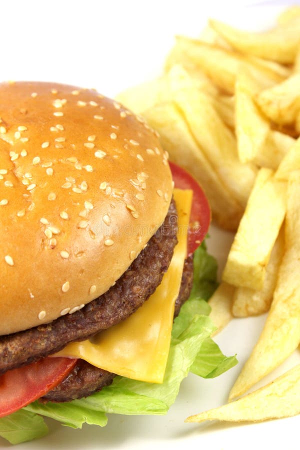 Double Cheese Burger with Chips Stock Image - Image of white, pound ...