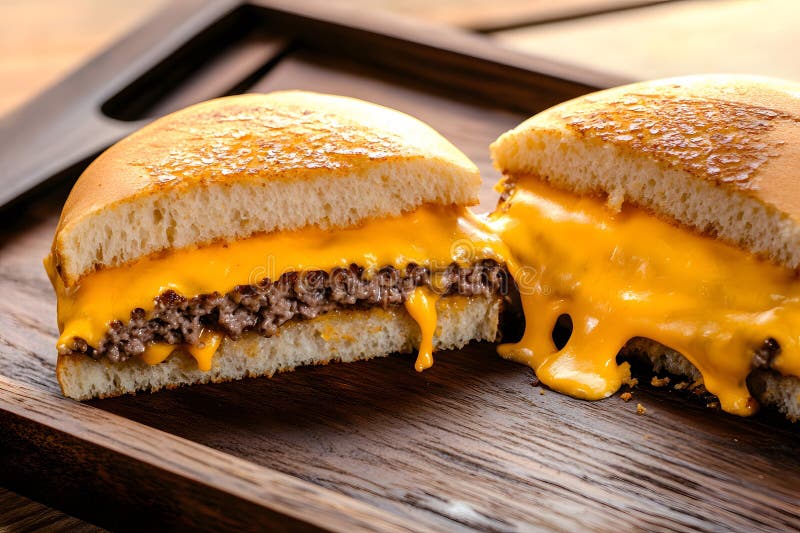 Double Cheeseburger Cut in Half, Melted Cheese Dripping, Wooden Tray ...