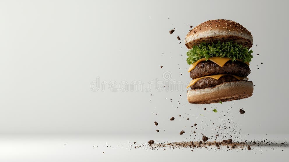 Double Cheeseburger Falling with Messy Crumbs Stock Illustration ...