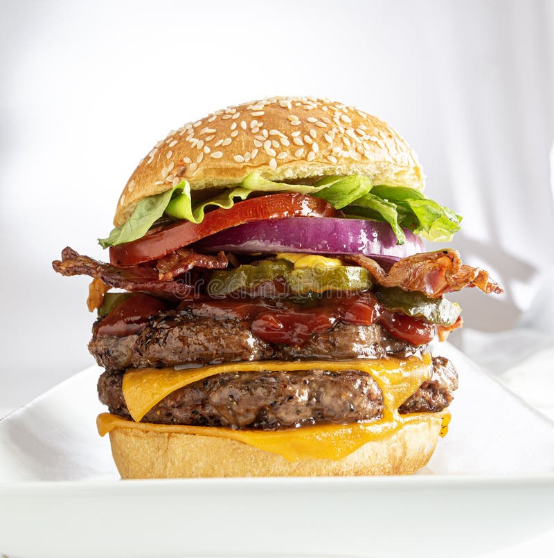 Double Cheeseburger With Chocolate Shake On White Background Stock