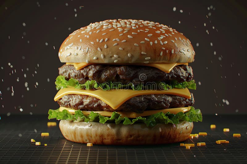 A Double Cheeseburger with Lettuce and Sesame Seed Bun, on a Black ...