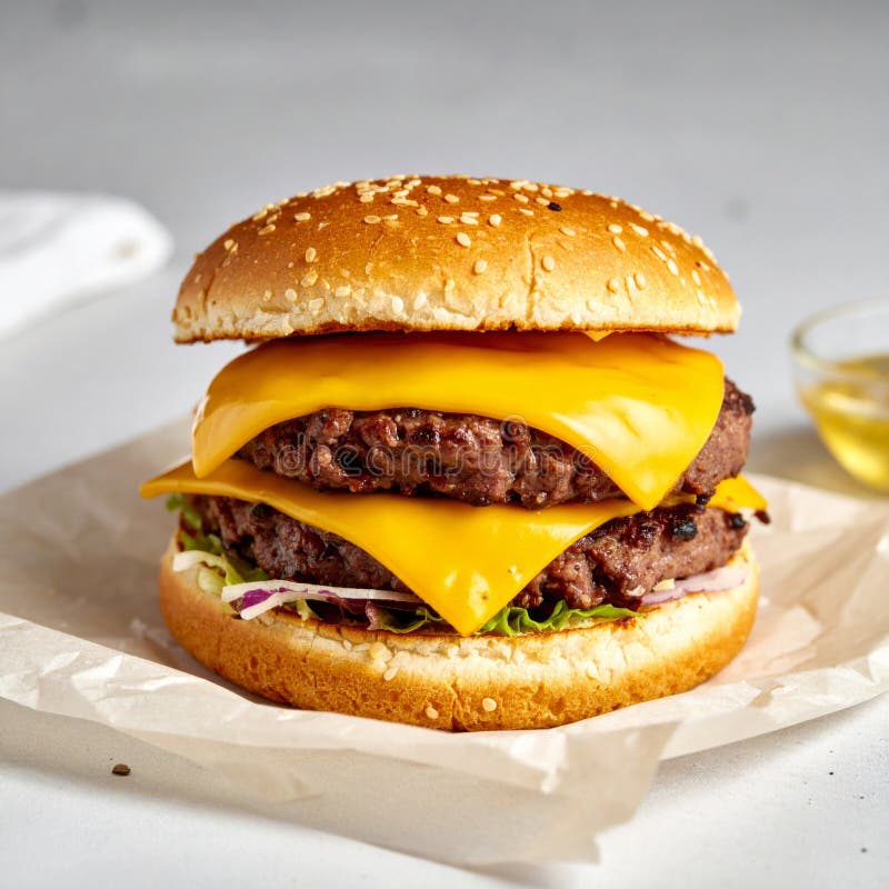 Double Cheeseburger with Sesame Seed Bun on Parchment Paper Stock ...