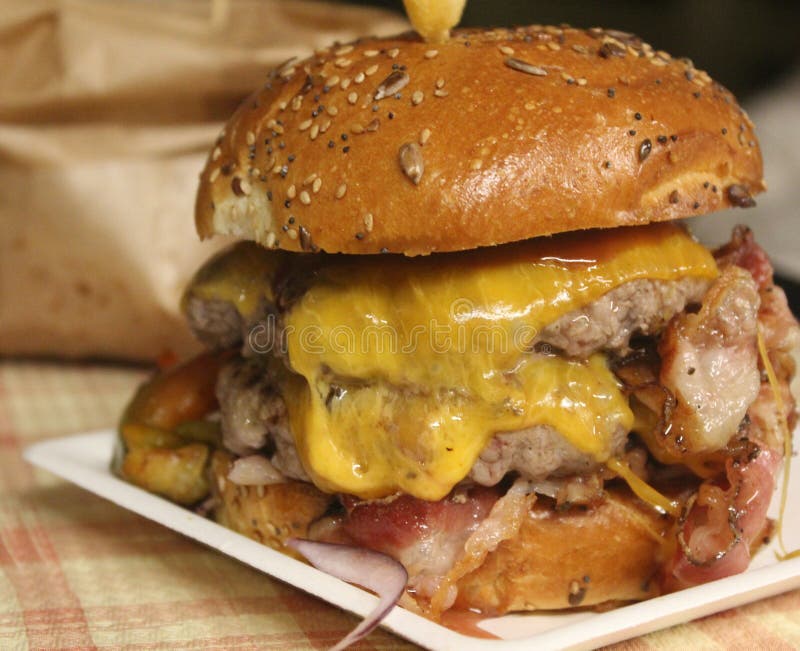 Double Cheeseburger and Smiley Chips Stock Image - Image of dish, curry ...