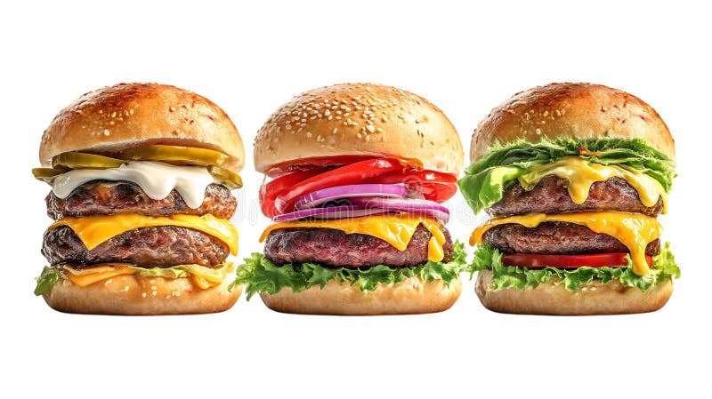 Double Cheeseburgers with Different Toppings on Transparent Background ...