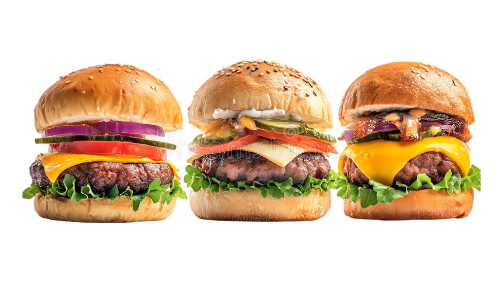 Double Cheeseburgers with Different Toppings on Transparent Background ...