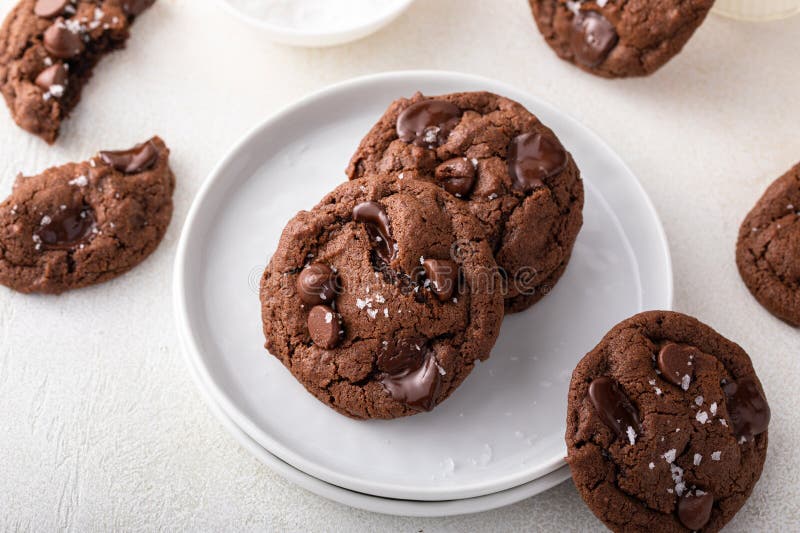 Double Chocolate Cookies with Flaky Salt on a Plate Stock Photo - Image ...