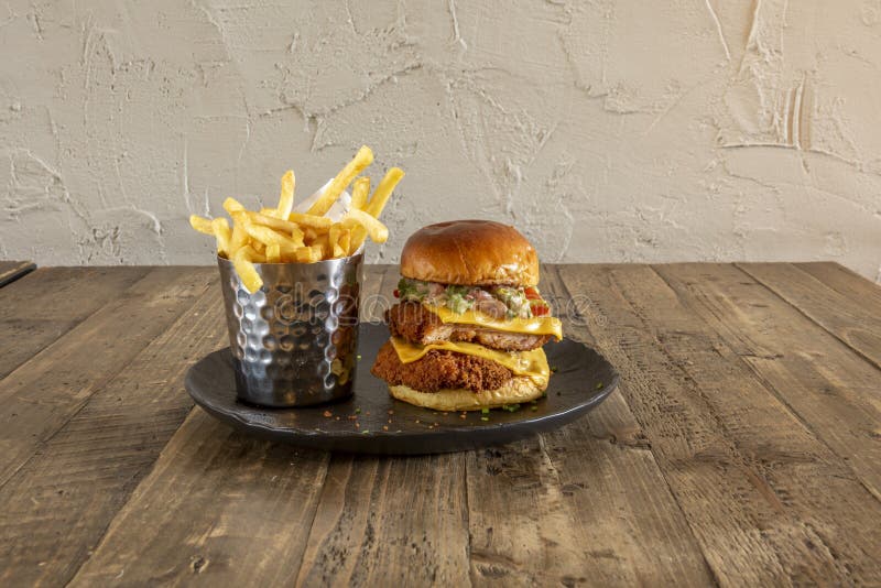 Double Crispy Chicken Burger with Double Cheese and Metal Container ...