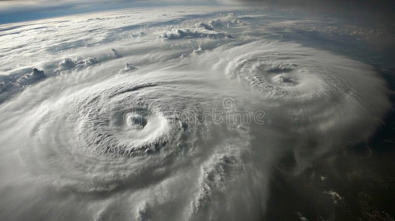 Double Cyclone Aerial View: Grey and White Rotating Cloud Formations ...