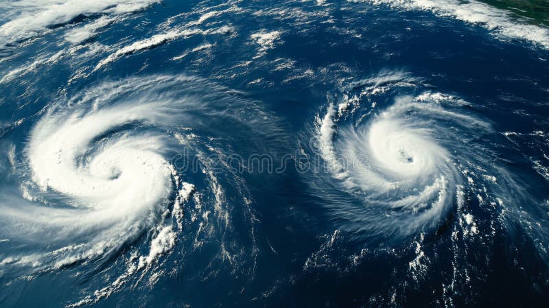 Double Cyclone Over Ocean: Satellite Image of Two Rotating Storms Stock ...