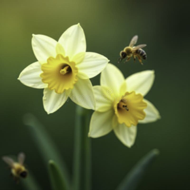 Double Daffodil Blooms with Delicate Green Stems, Bees, Delicate ...